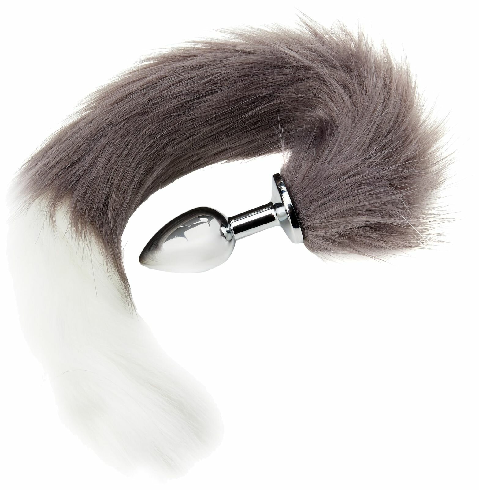 Анальная пробка S с пушистым хвостом металлическая основа диаметр 2,8 см длина 4 см серо-белый мех