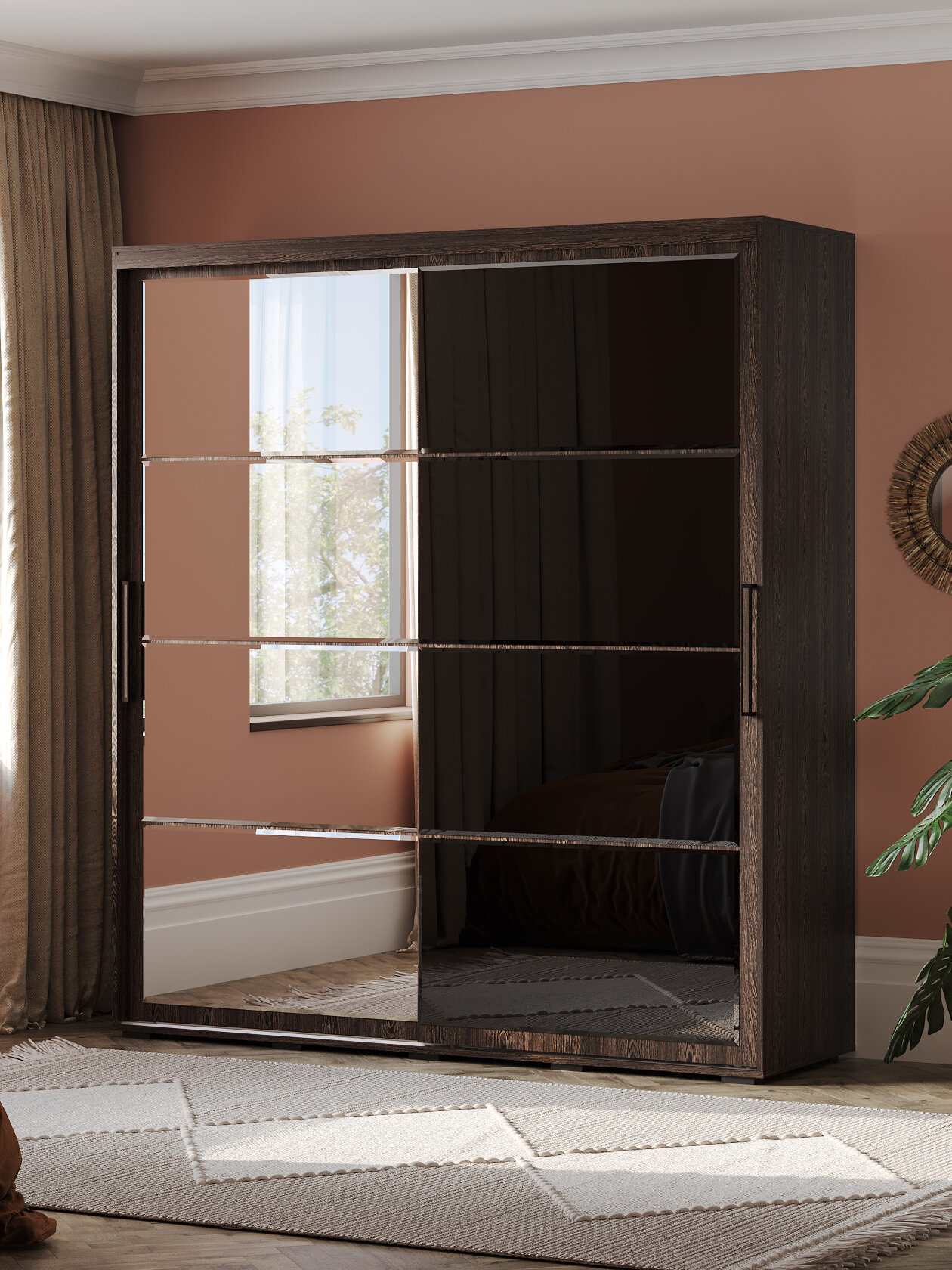 Шкаф-купе для одежды и хранения вещей и хранения вещей Крафт Халф с зеркалом, с полками, с ящиками, со штангой, 196.2х59.1х217.6 см, Венге