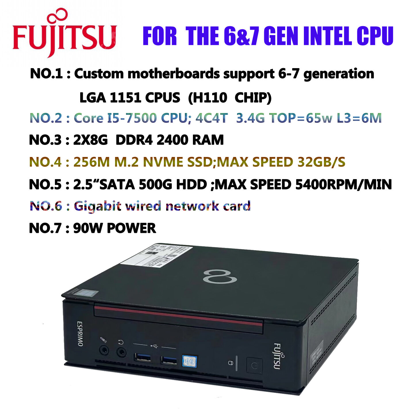 FUJITSU Esprimo Q556/R (H110 CORE i5-7500 CPU+2x8 г DDR4 2400 Оперативная память + 256 г M. 2 NVME SSD + 500 г HDD ) lga 1151 мини ПК intel
