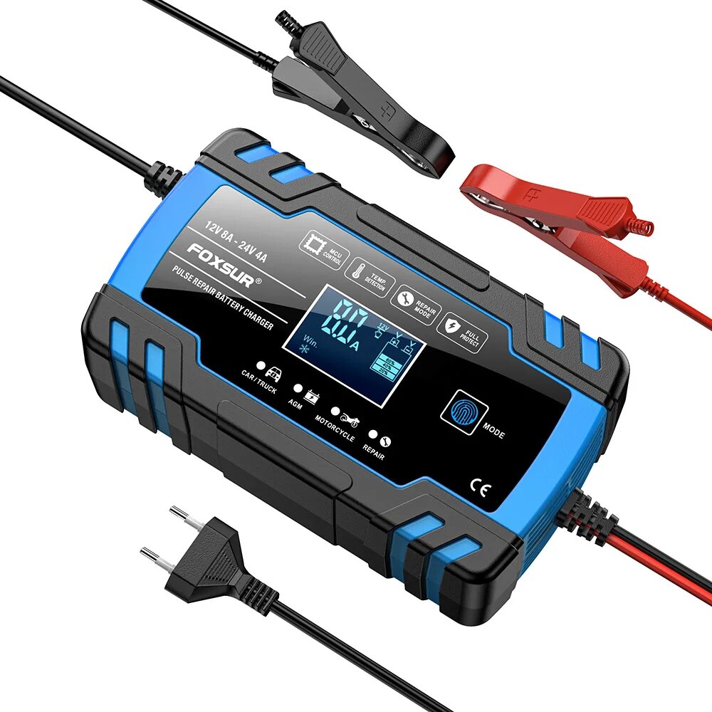 FOXSUR Автомобильное зарядное устройство для мотоцикла 12 В 8 А 24 В 4 А Умная быстрая зарядка для AGM GEL WET EFB Зарядное устройство для свинцово-кислотных аккумуляторов, EU-plug