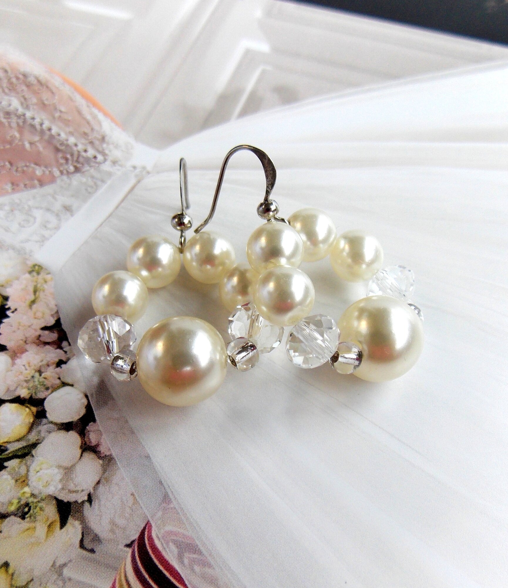 Серьги двусторонние, с подвесками, стекло, жемчуг имитация