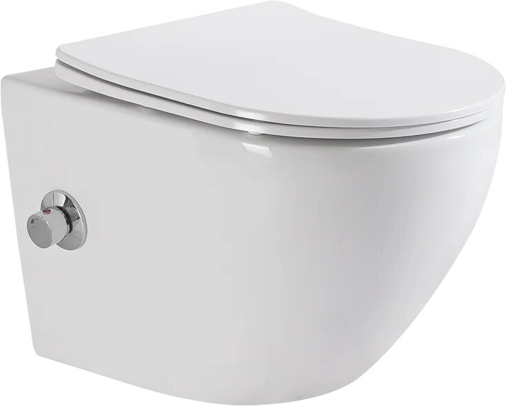 Унитаз подвесной BelBagno Uno BB3105CHR-BS/SC с микролифтом, безободковый, овальный, с биде, без бачка, фарфоровый, антивсплеск, белый