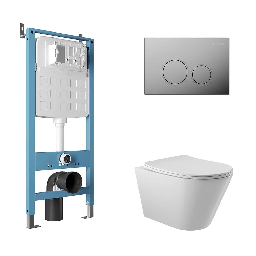 Комплект Aqueduto AQDS092 Унитаз подвесной Cone безободковый, с микролифтом / Система инсталляции для унитазов Tecnica Novo / Кнопка смыва Circulo хром