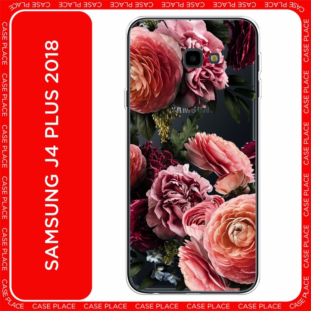Чехол на Samsung Galaxy J4 Plus 2018 / Самсунг J4 Plus 2018 с принтом "Бордовые винтажные цветы", прозрачный