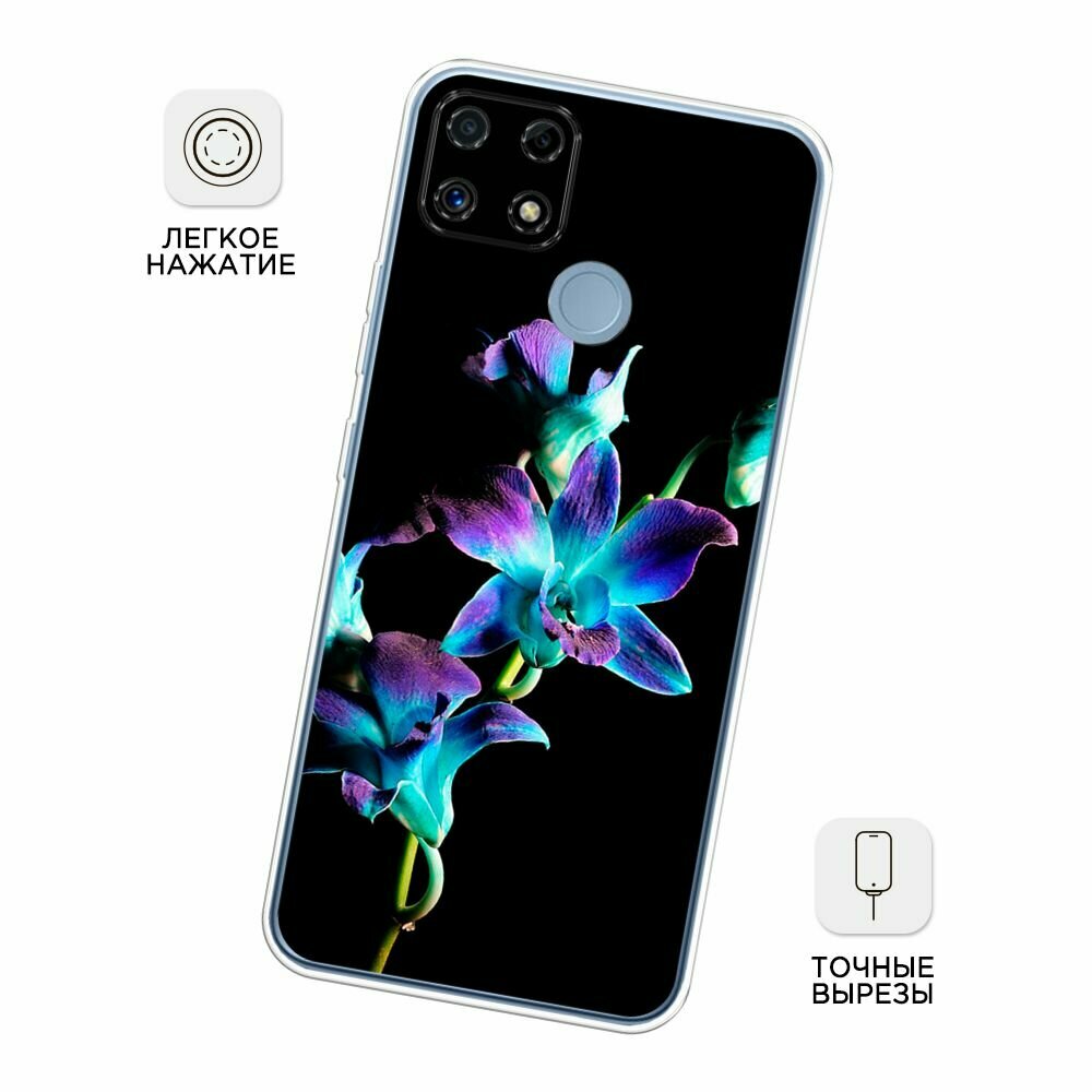 Чехол на Realme C25/C25s / Реалми С25/C25s с принтом "Синий цветок на черном" — фото 1