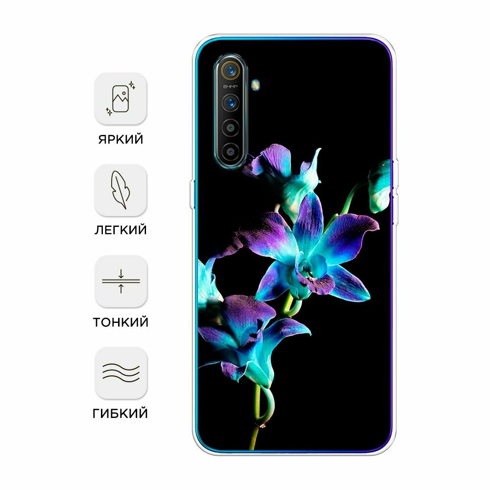 Чехол на Realme XT / Реалми XT с принтом "Синий цветок на черном" — фото 1