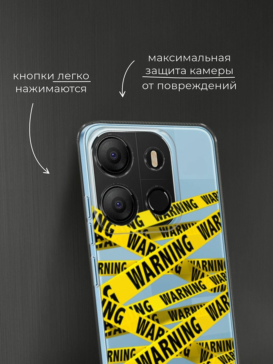 Чехол на Tecno Pop 7 / Текно Поп 7 с принтом "Warning!", прозрачный — фото 1