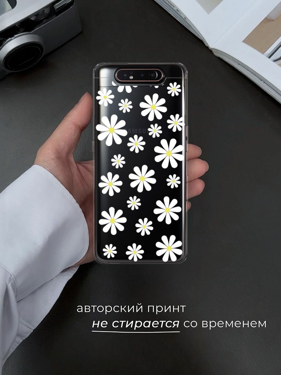 Чехол на Samsung Galaxy A80 / Самсунг Гэлакси A80 с принтом "Большие ромашки", прозрачный — фото 1