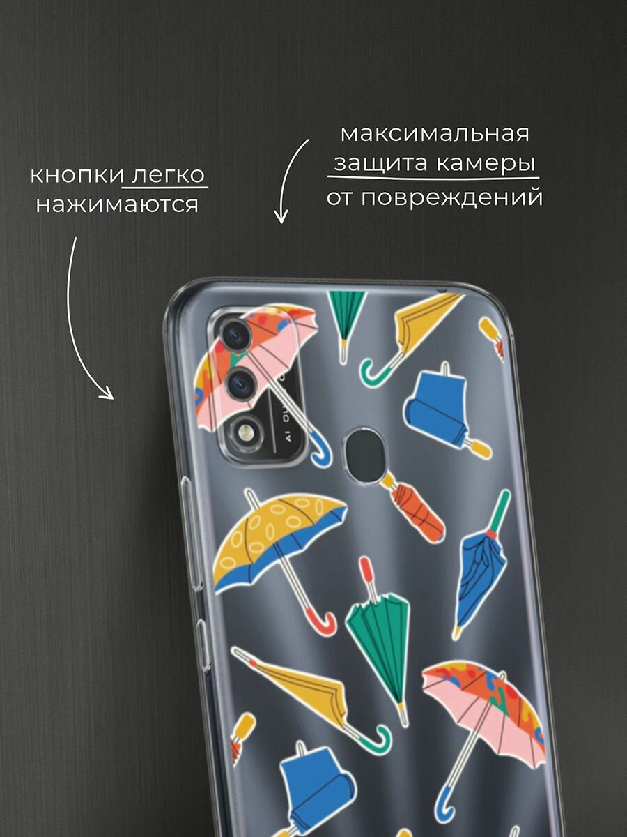 Чехол на Itel A48 / Ител А48 с принтом "Зонты паттерн", прозрачный — фото 1