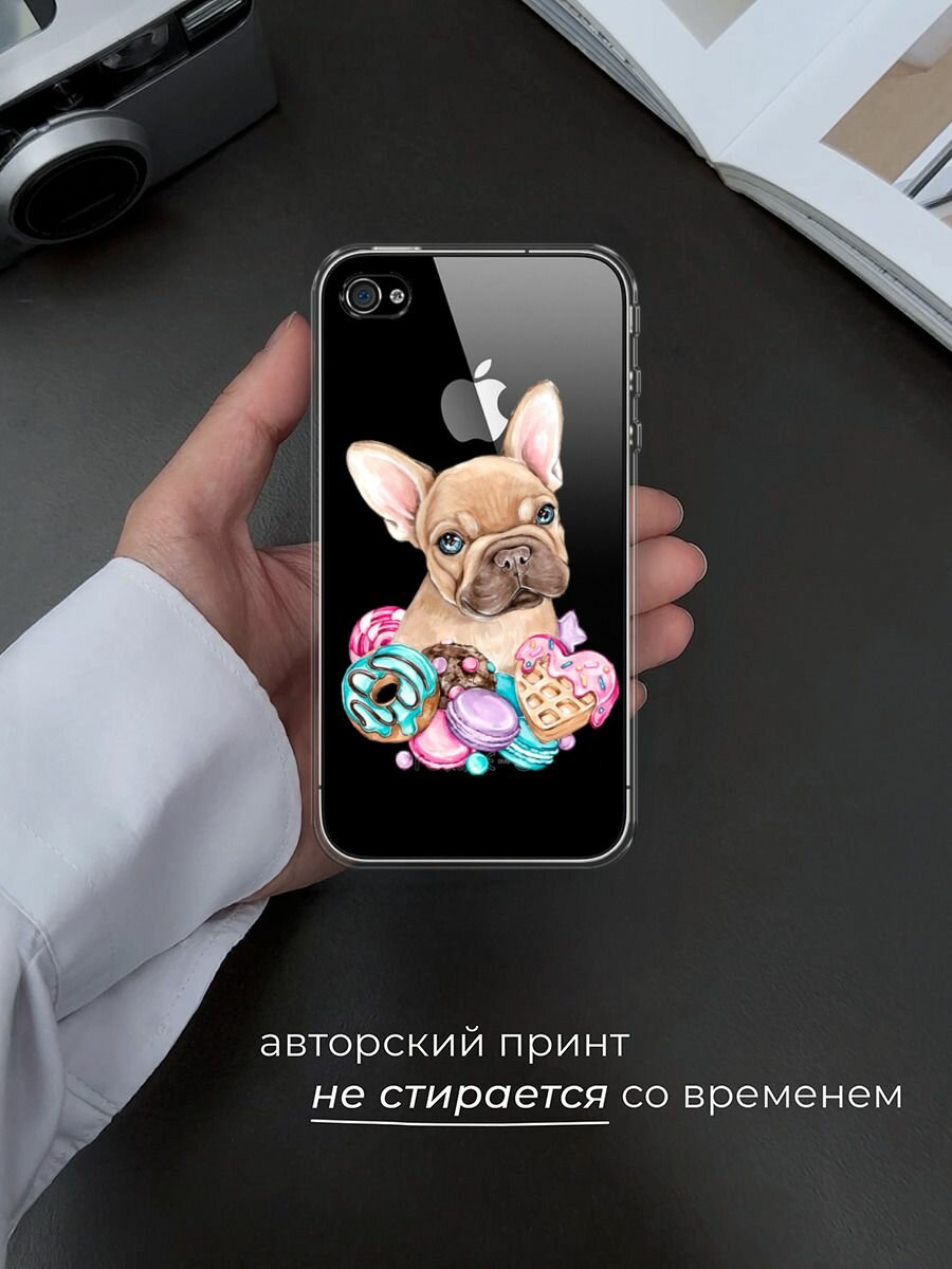 Чехол на Apple iPhone 4/4S / Айфон 4/4S с принтом "Бульдог и сладости", прозрачный — фото 1
