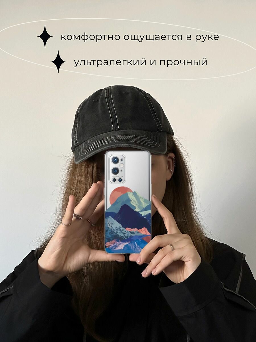 Чехол на OnePlus 9 Pro / ВанПлас 9 Про с принтом "Закат в снежных горах", прозрачный — фото 1