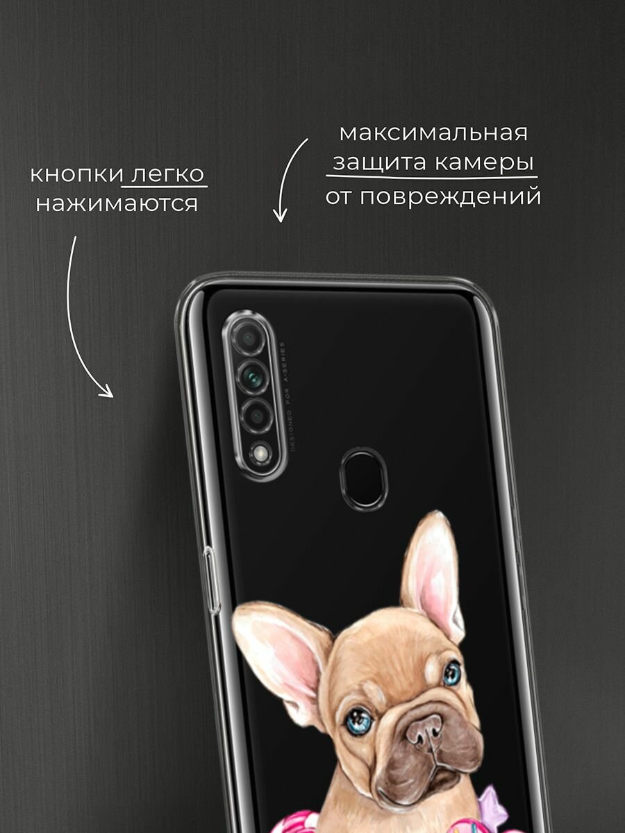 Чехол на Oppo A31 / Оппо А31 с принтом "Бульдог и сладости", прозрачный — фото 1