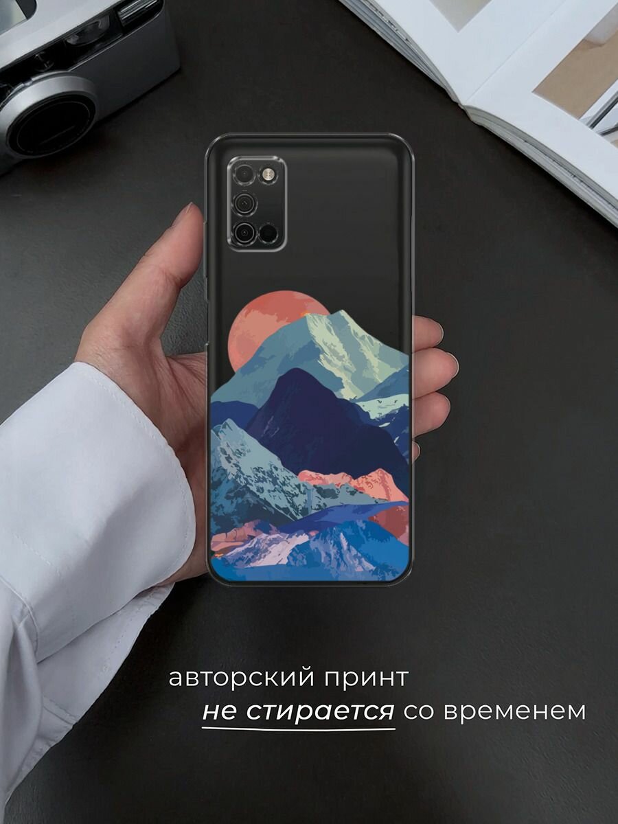 Чехол на Samsung Galaxy A03S / Самсунг Галакси A03S с принтом "Закат в снежных горах", прозрачный — фото 1
