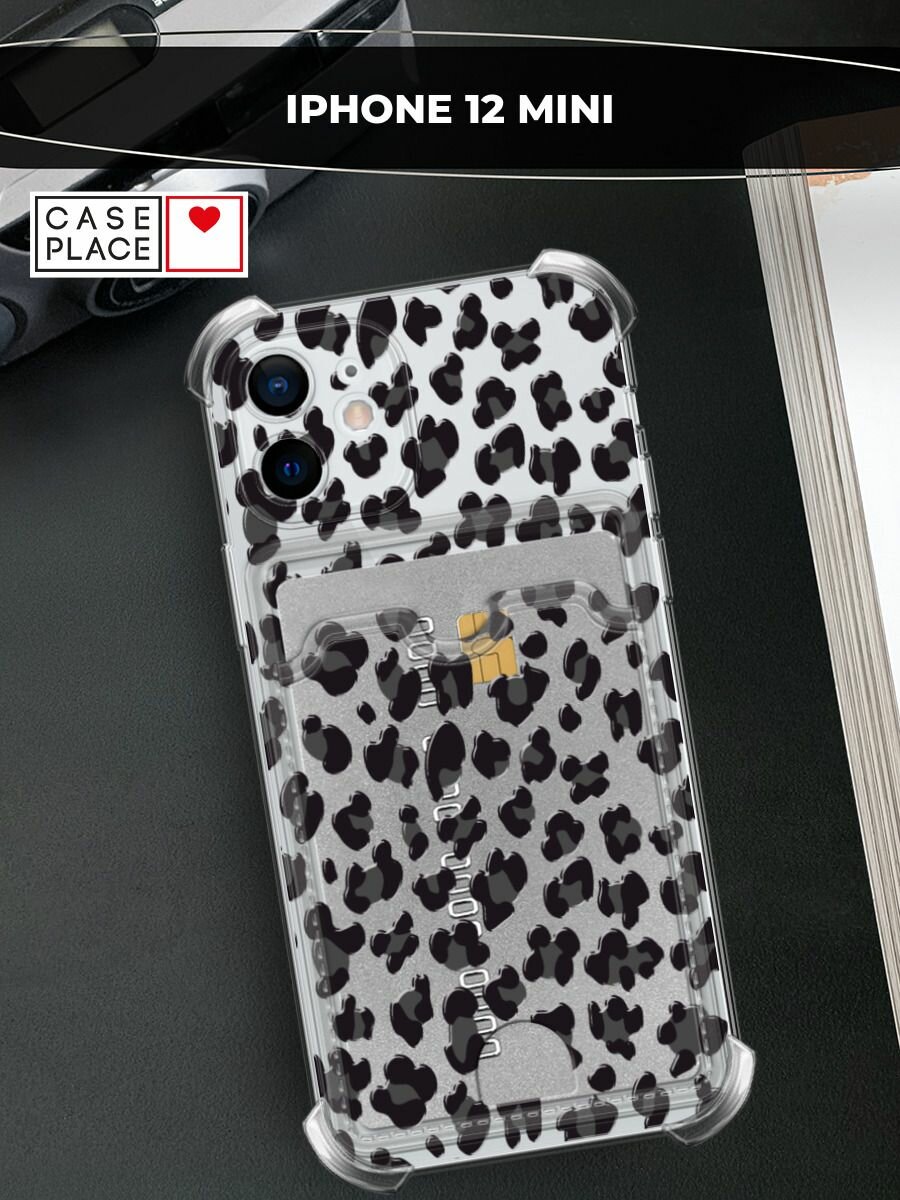 Чехол на Apple iPhone 12 mini (Айфон 12 Мини) с картой и принтом "Черный леопардовый окрас"
