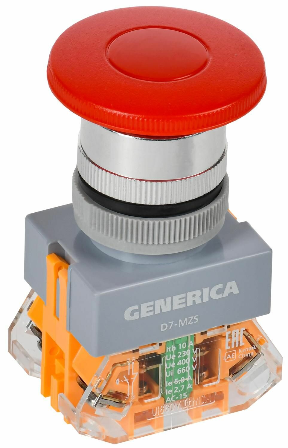 Кнопочный пост IEK GENERICA D7-MZS, грибок, диаметр 22 мм, 1 замыкающий, 1 размыкающий контакт, с фиксацией, красный