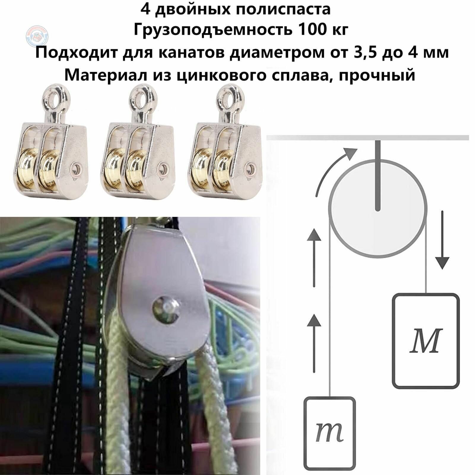Такелажный блок крепежный двойной шкив 100 кг, комплект 4 шт, цинковый сплав, полиспаст для подъема грузов, плавный ролик, универсальный крепеж