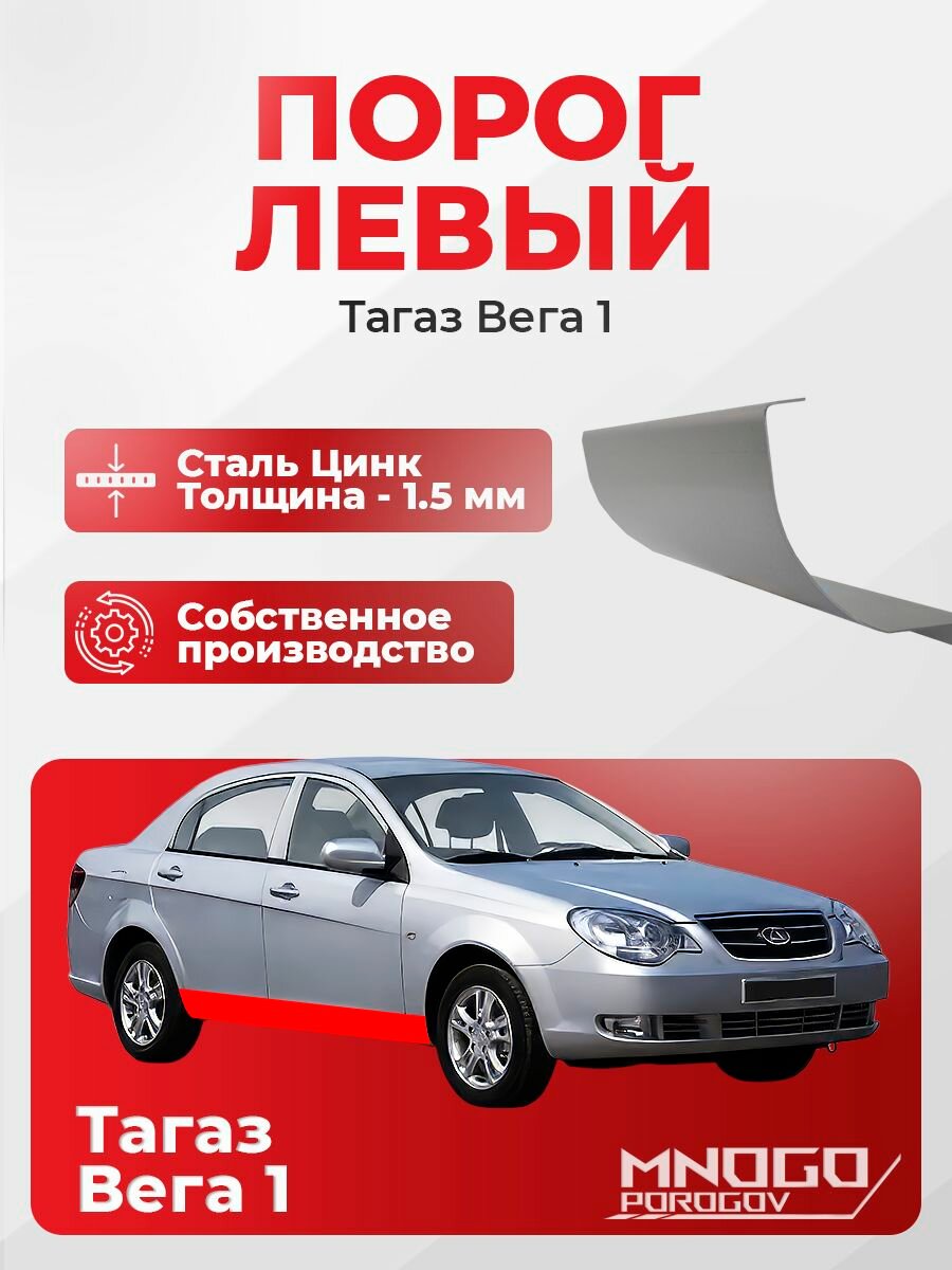 Левый порог на Hyundai Тагаз Вега 1 седан 4 двери 2009-2010 оцинкованная сталь, толщина 1.5 мм (Хендай Вега Тагаз ), левая сторона, кузовной ремонт.