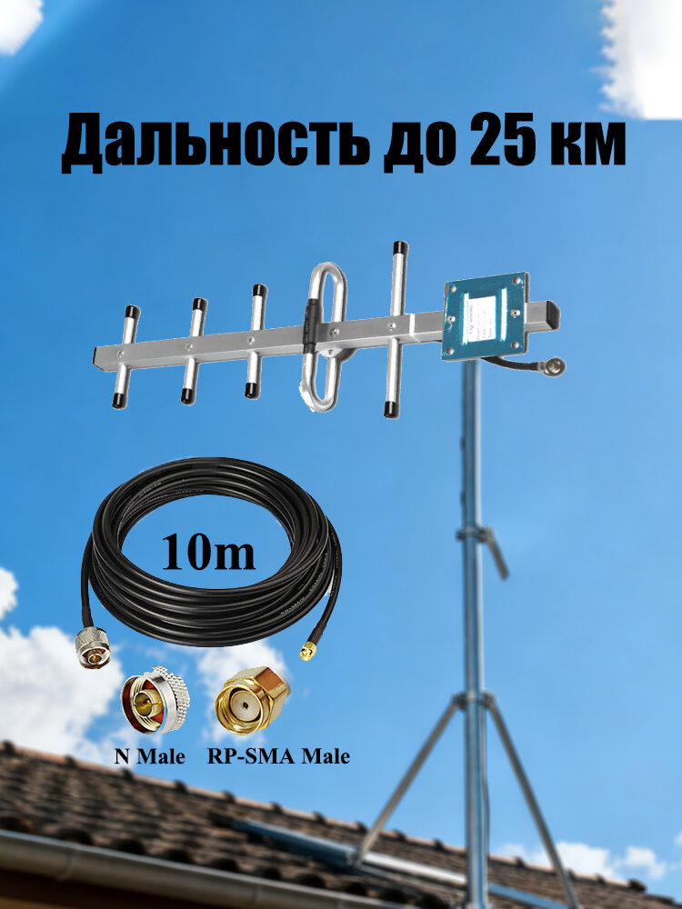 Антенна Yagi 868 МГц для Meshtastic LoRa, направленная 9 дБи, с кабелем 10 м, F-штекер для наружных применений