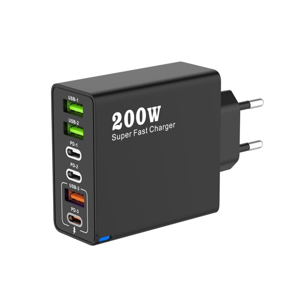Многопортовое зарядное устройство мощностью 200 Вт 3USB + 3PD для мобильного телефона с быстрой зарядкой "шесть в одном"-Европейский стандарт-черный