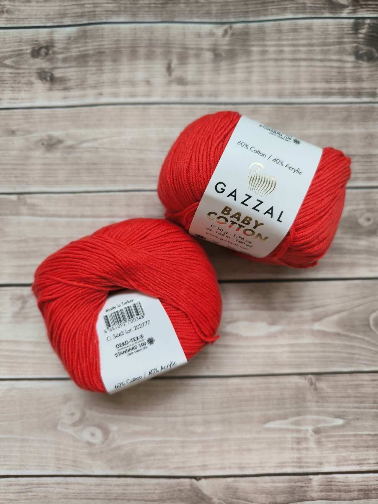 Пряжа Gazzal baby cotton, цвет 3443 красный, набор 2 мотка, вес мотка 50 гр, длина нити 165 м (Газзал беби катон)