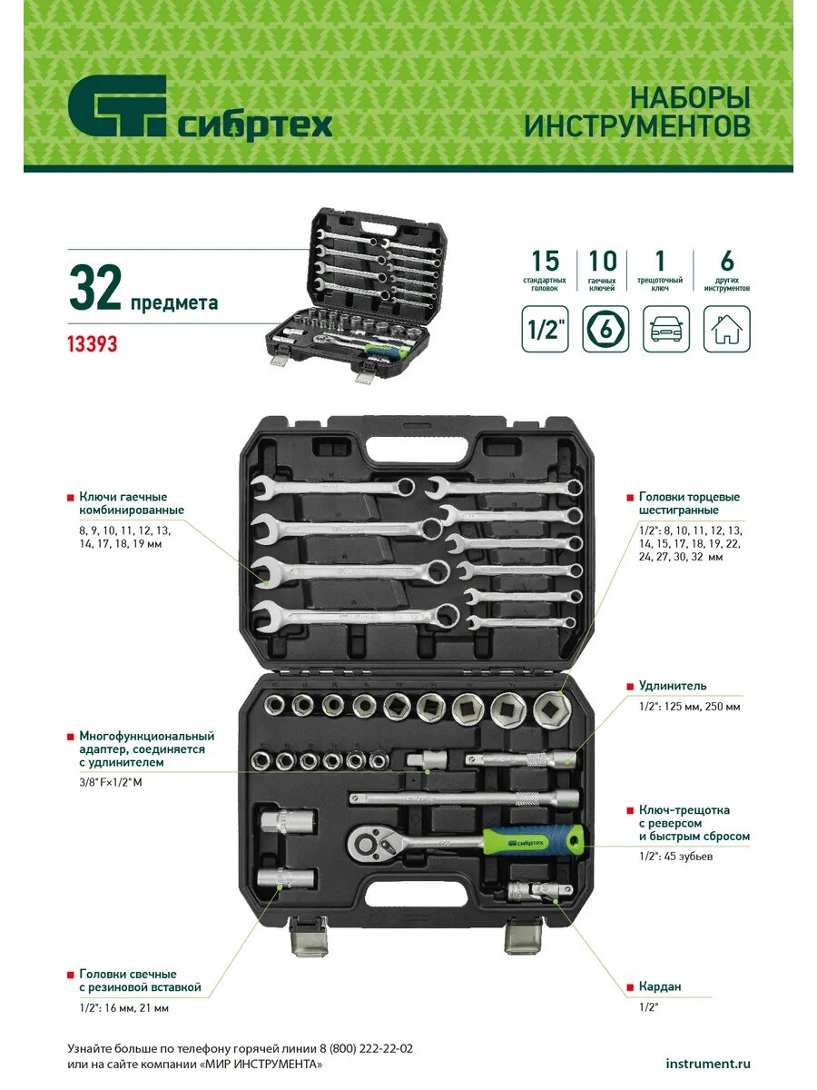 Набор инструментов, 1/2, пластиковый кейс, , СИБРТЕХ, 13393