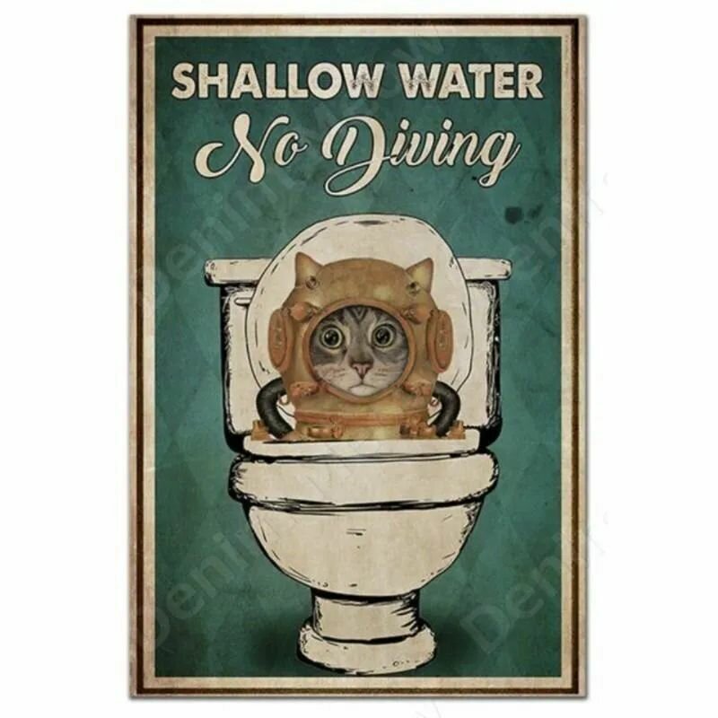 Табличка кот-водоплавающий "Shallow Water No Diving", ретро стиль, металл, декор для интерьера, 20х30 см.
