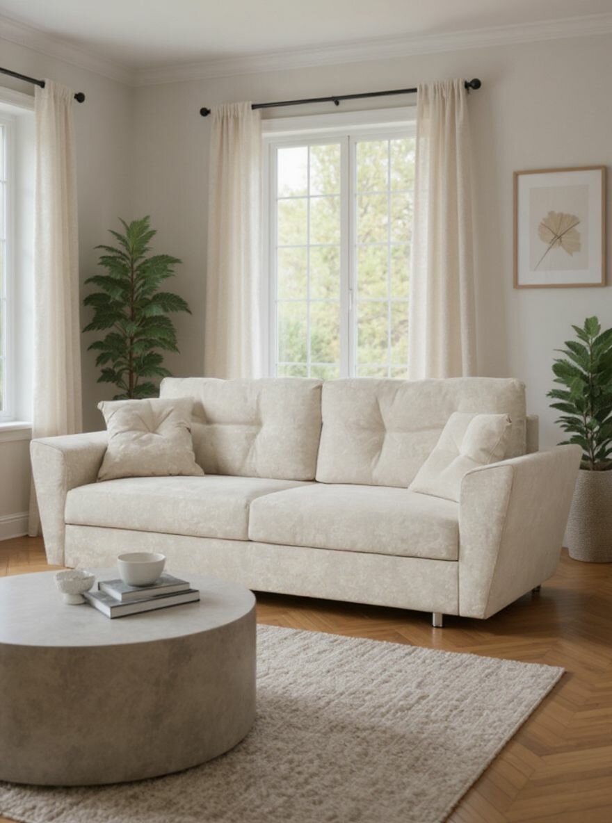 Диван-кровать прямой раскладной "Амстердам" с ящиком для белья, велюр бежевый