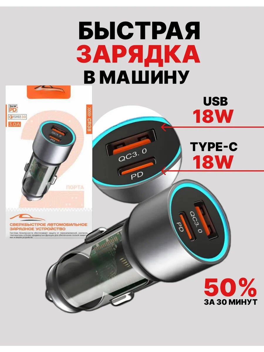 Автомобильная зарядка быстрая QC3.0 + PD Dual USB-A/USB-C в прикуриватель для телефонов