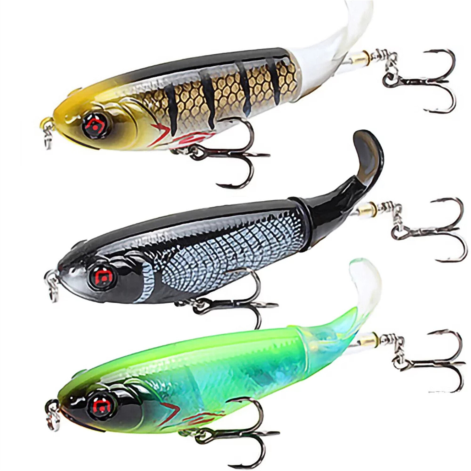 3PCS Whopper Popper Наплавная Рыбацкая Приманка Искусственная Твердая Приманка 3D Глаза Plopper С Мягким Вращающимся Хвостом Рыбацкое Приспособление, Цвет: Как На Изображении, Материал: ABS, Вес: 17g, Длина: 10.5cm, Крючок: #6 Тройной, Глубина: Наплавная
