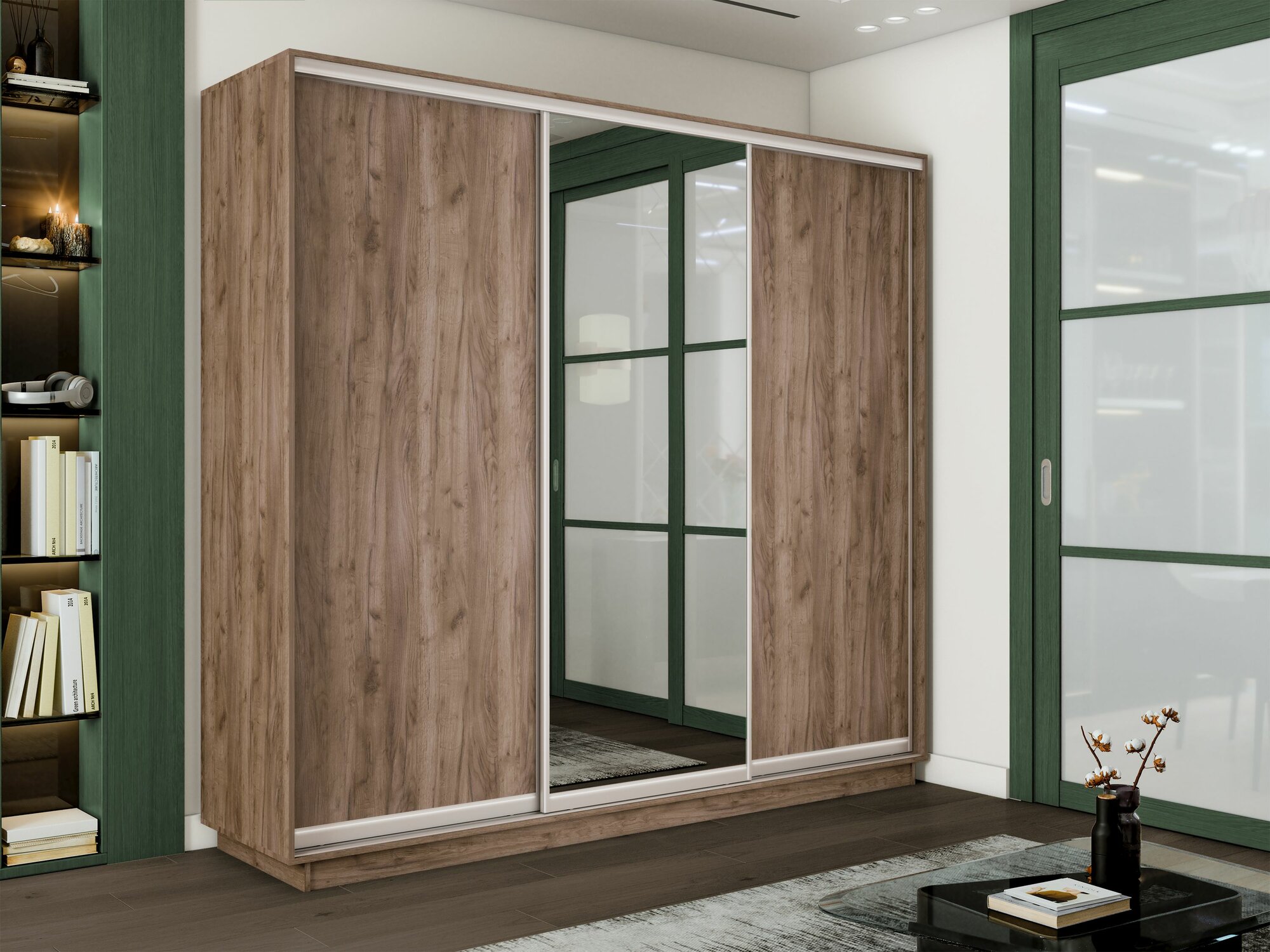 Шкаф купе Вилли 3-х дверный ЛДСП с зеркалом, профиль серебро 180 см х 240 см х 45 см (Крафт табачный)