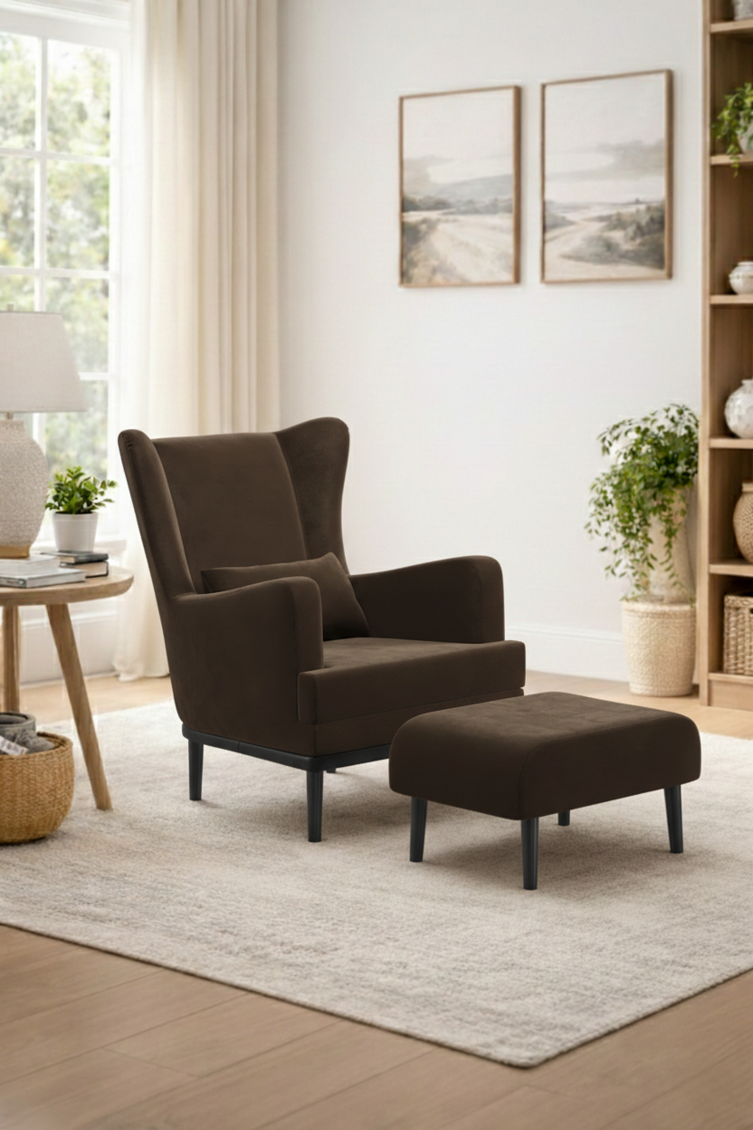 Комплект мягкой мебели кресло и пуф Оскар антивандальный велюр brown