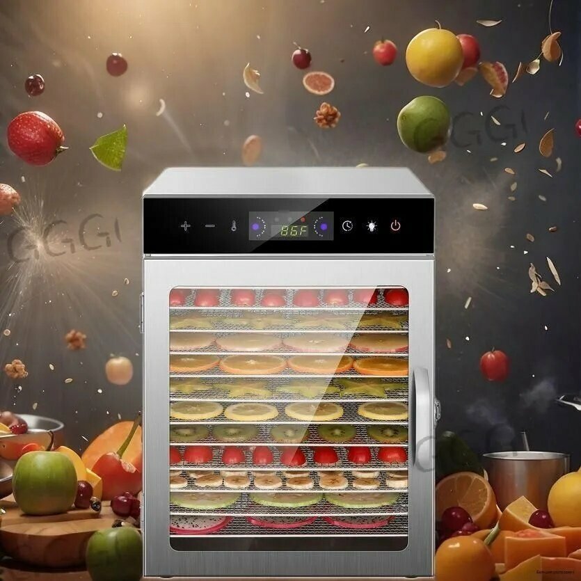Сушилка для овощей, фруктов и мяса Beierbear-09, 12 стальных решёток +2 поддон для пастилы + 12x белый силиконовый коврик, нержавеющая сталь Дегидратор