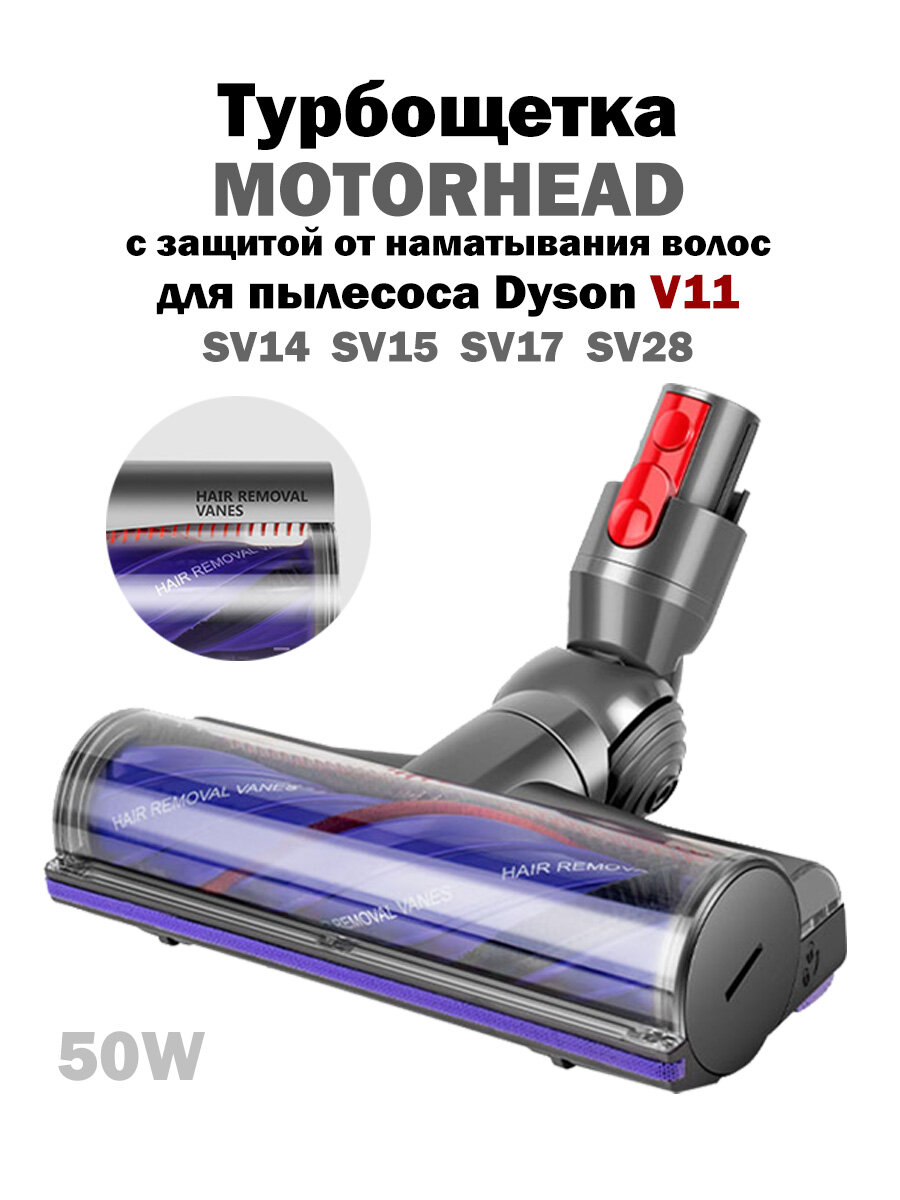 Турбощетка Motorhead для пылесоса Dyson V11 / SV14 SV15 SV17 SV28 с защитой от наматывания волос и шерсти. Щетка Hair Removal Vanes для уборки ковров, ковровых покрытий, ламината, паркета и плитки.