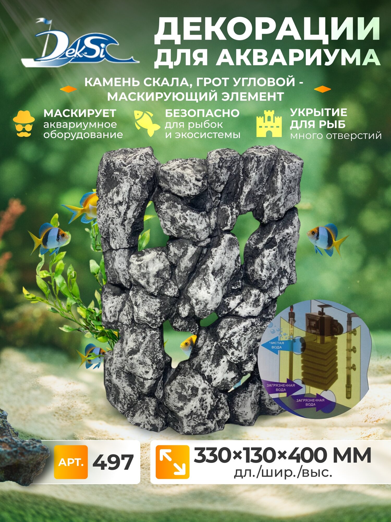 Декорация для аквариума Камень Скала, грот DEKSI 497 маскирующий элемент для фильтра и обогревателя