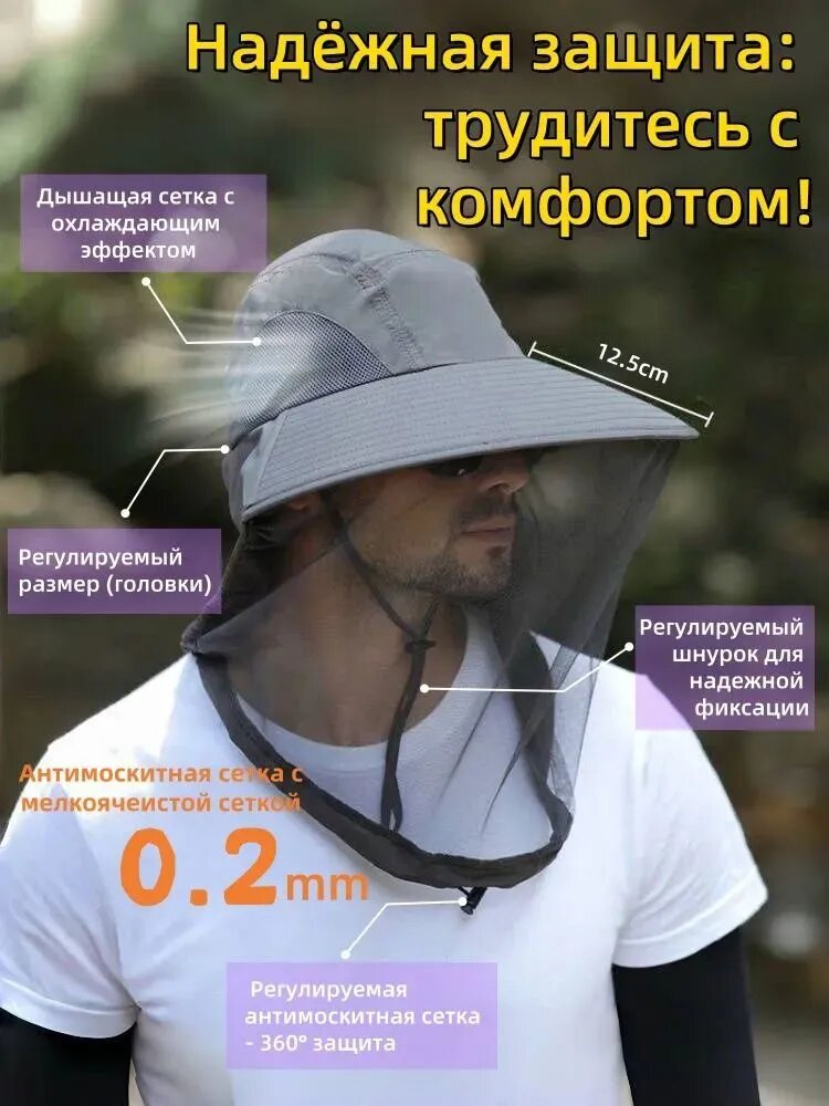 Панама с москитной сеткой от насекомых / Накомарник, Для рыбалки, походов и отдыха на природе.