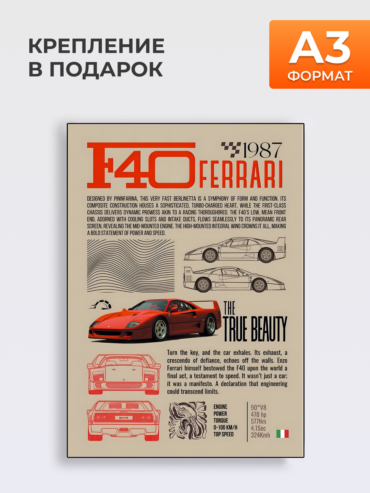 Постер Ferrari F40, А3