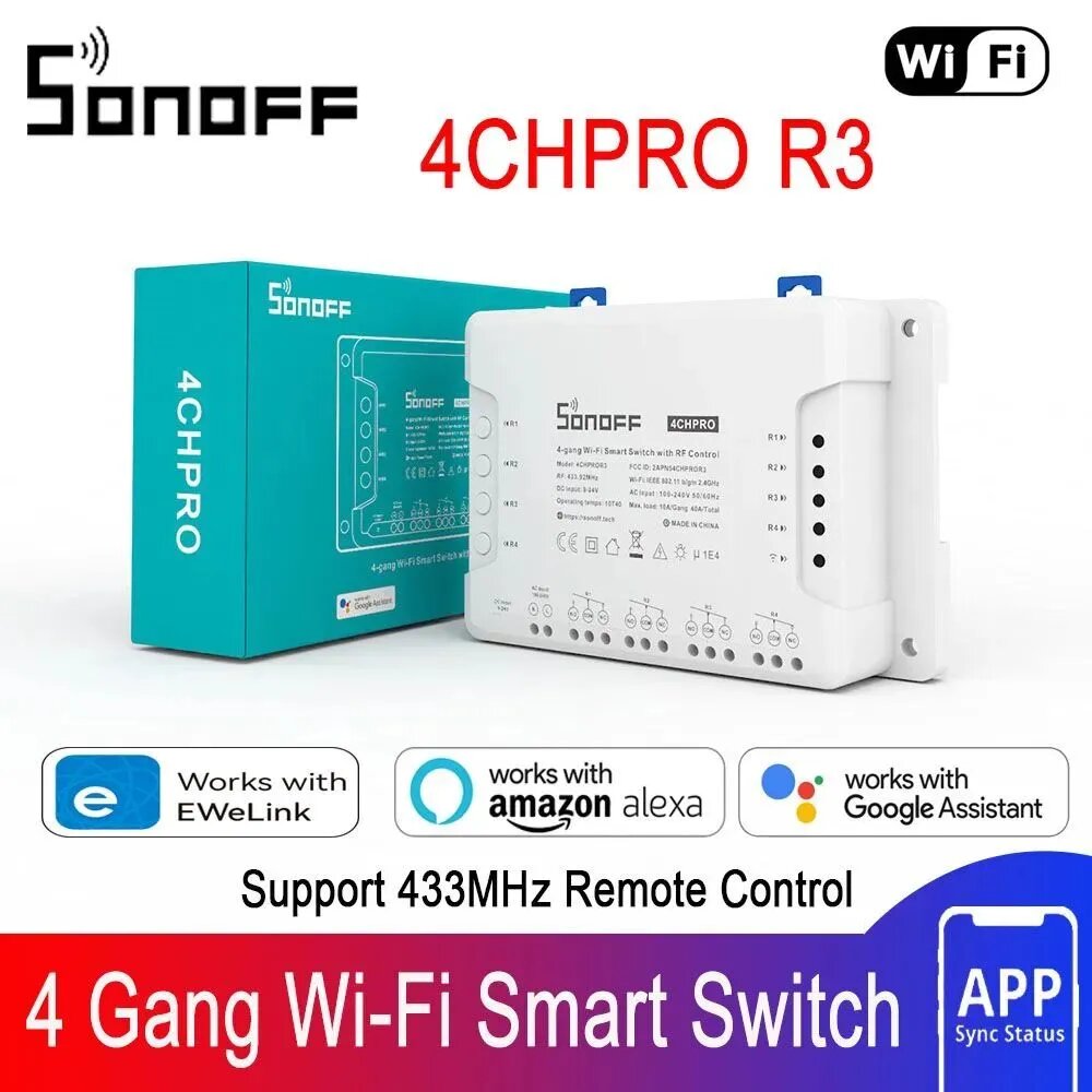 Релейный модуль 4-х канальный Wi-Fi SONOFF 4CH PRO R3, 4CHPRO, WiFi-Реле, Умный Дом