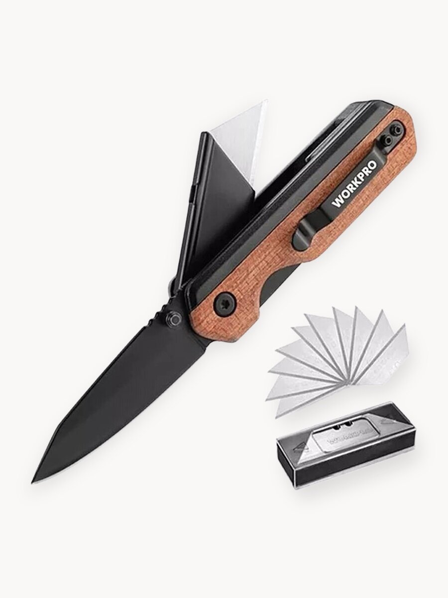 Нож складной строительный 2-в-1 WORKPRO WP211015, прямой клинок + сменные трапецевидные лезвия SK5 - 11 шт.