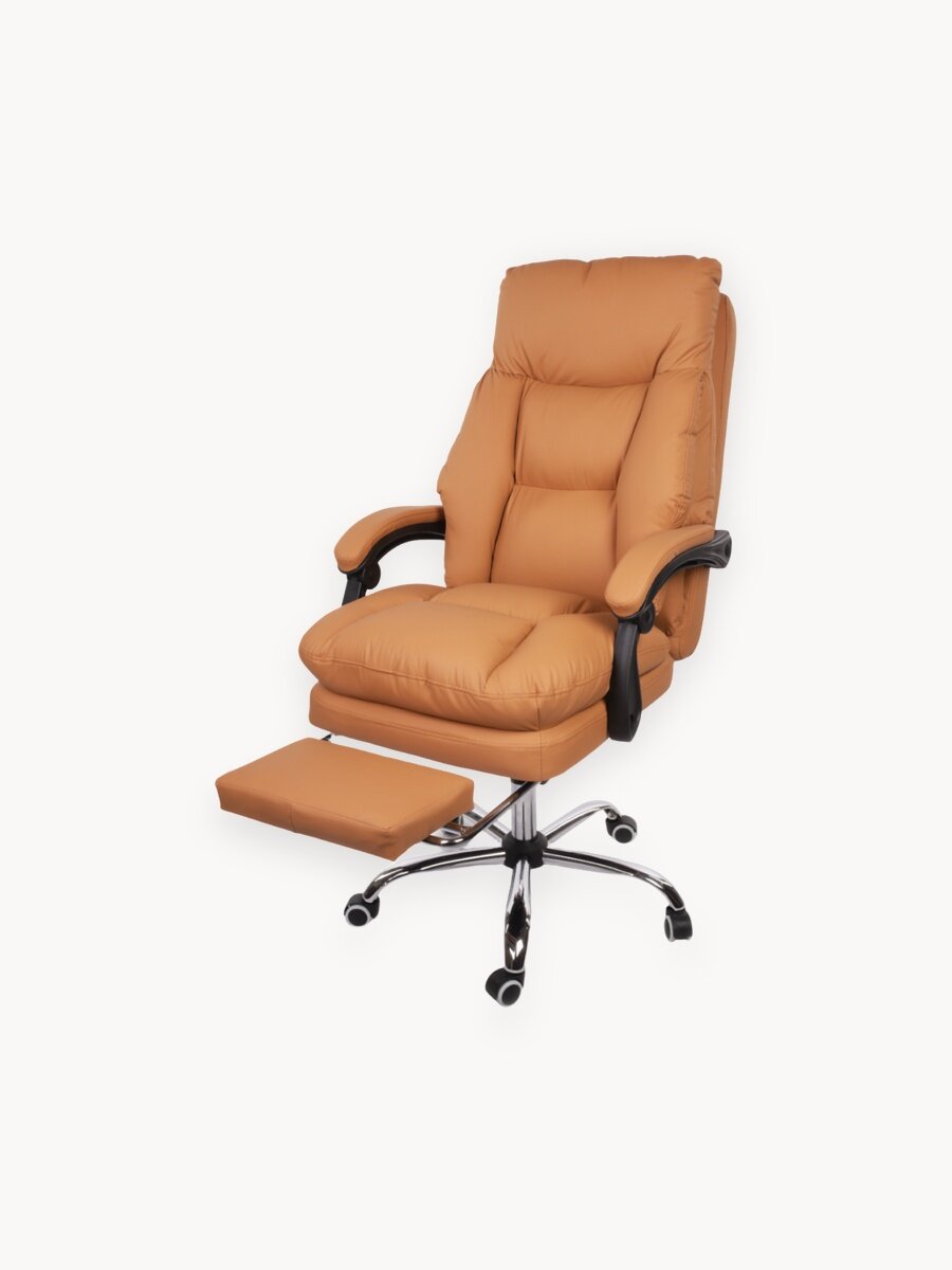 Кресло офисное, компьютерное для дома и офиса, с подставкой для ног, из экокожи, с подлокотником, оранжевый цвет