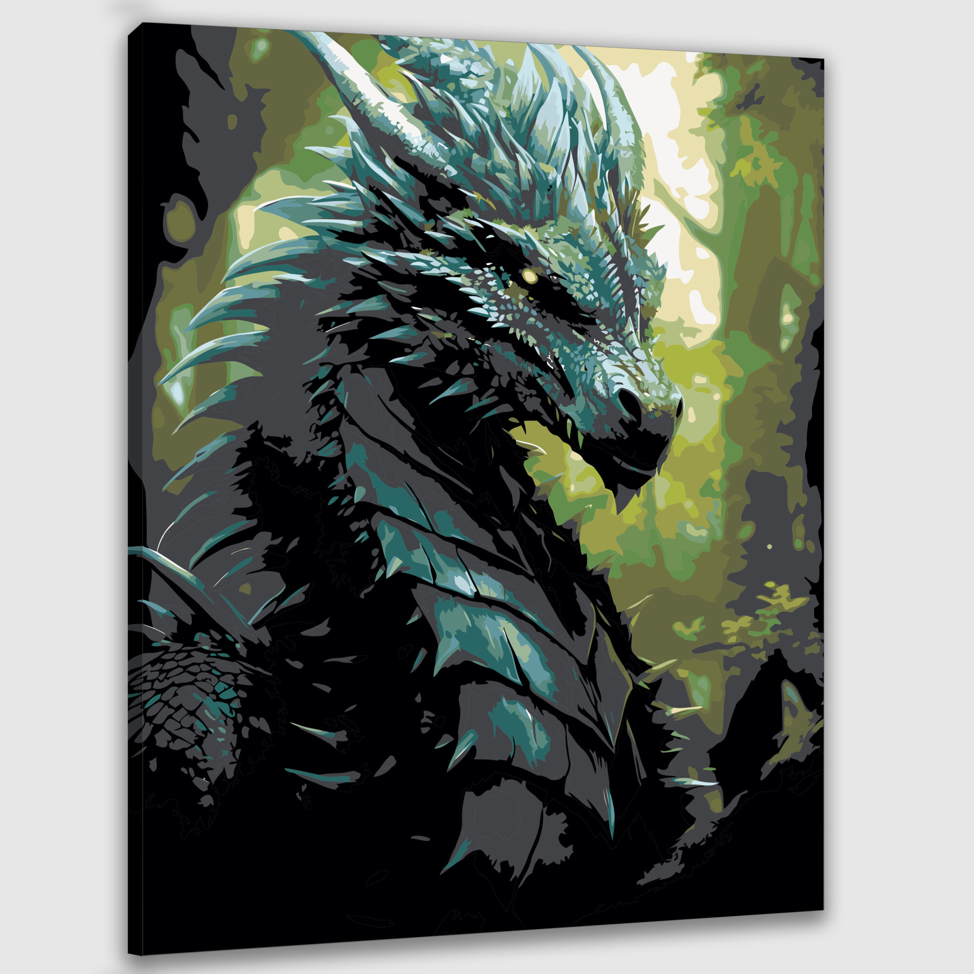 Картина по номерам 40x50 см, дракон, зеленый, густой лес, изумрудная чешуя, солнечный свет, мудрость, мощные крылья