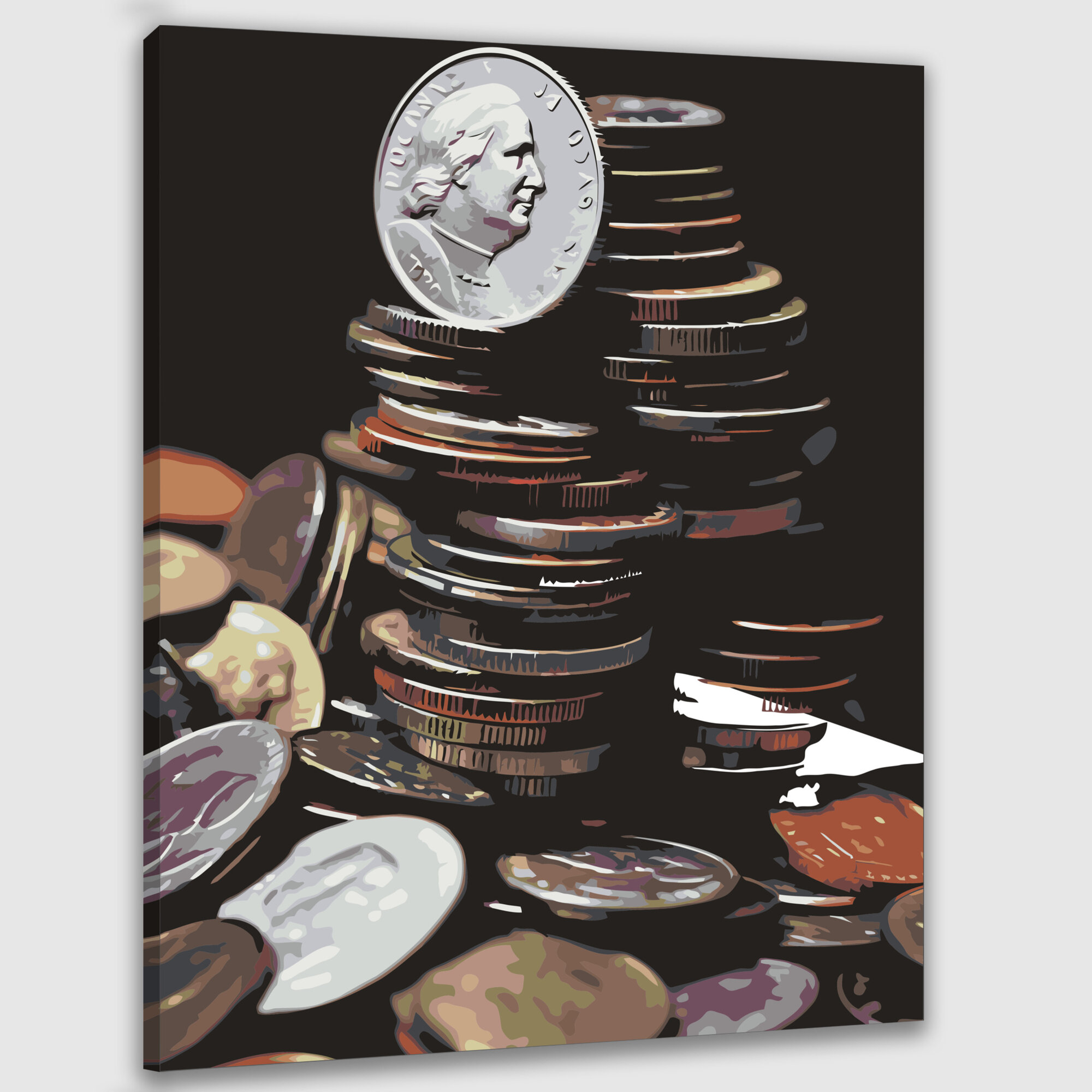 Картина по номерам 40x50 см, монеты, валюты, номиналы, стопка, организованно, визуальная метафора