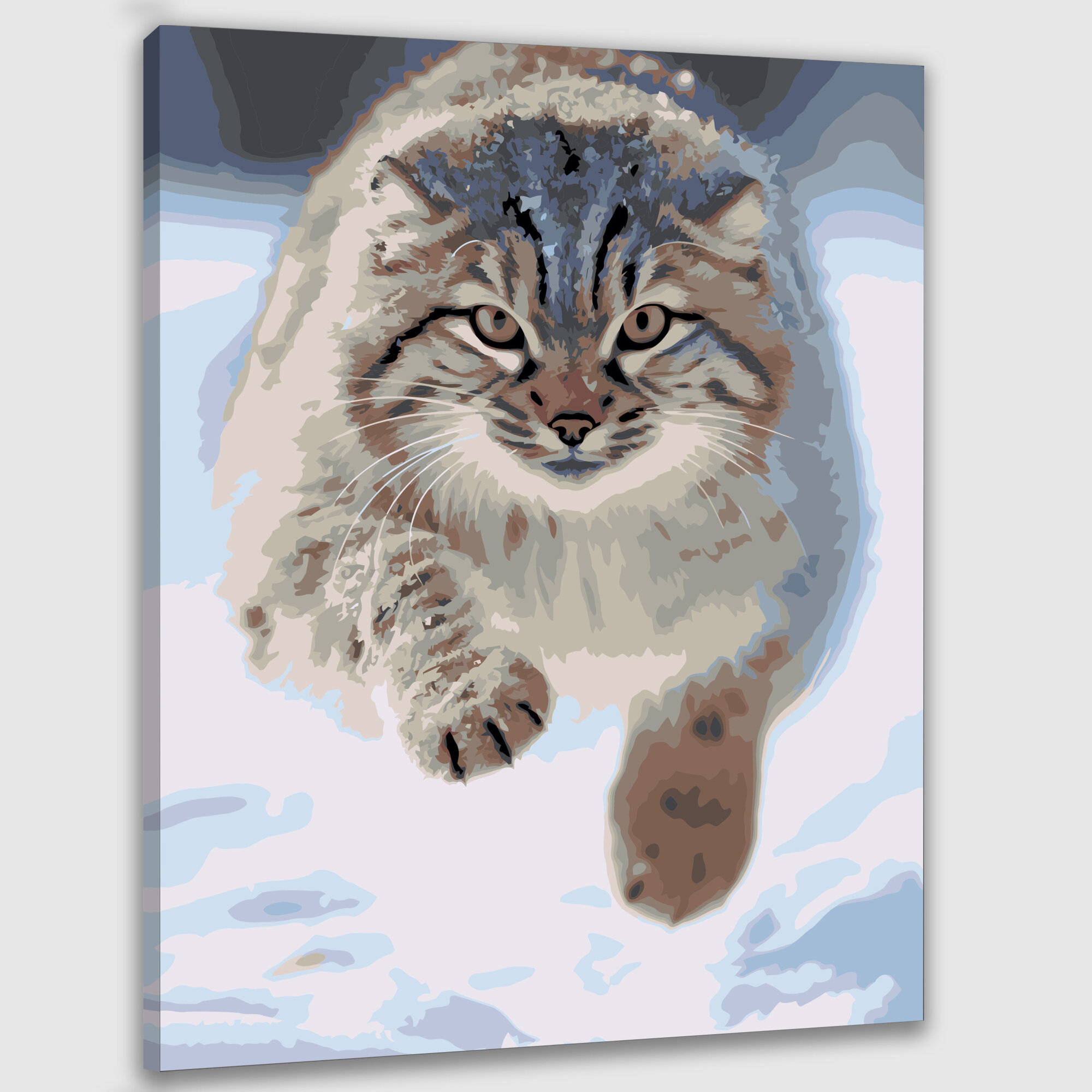 Картина по номерам 40x50 см, манул, ловкость, подпрыгивает, воздух, заснеженный пейзаж, глаза, решимость, f, 4