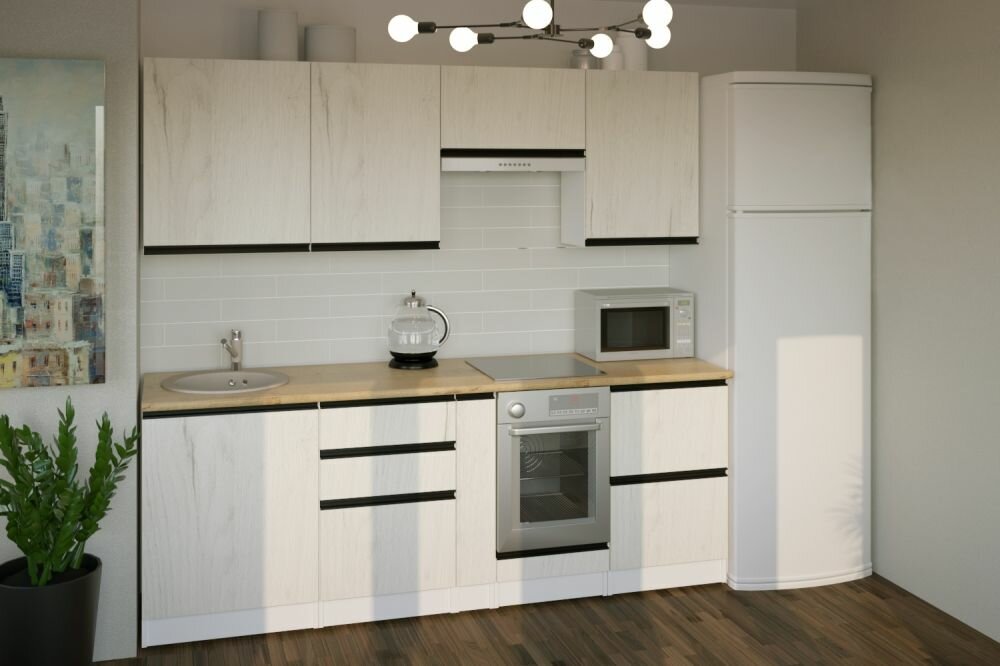 Кухонный гарнитур Амели компакт 2200 мм, Цвет Дуб грей, ширина 220 см, с навесными шкафами, с выдвижными ящиками, с тумбой под мойку