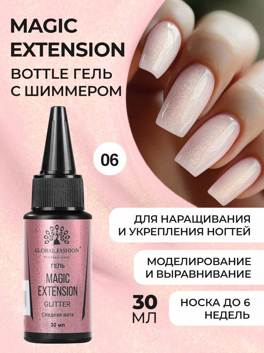 Global Fashion Камуфлирующий жидкий трёхфазный гель для наращивания и укрепления ногтей Magic Extension с шиммером, 30 мл / №06 сладкая вата