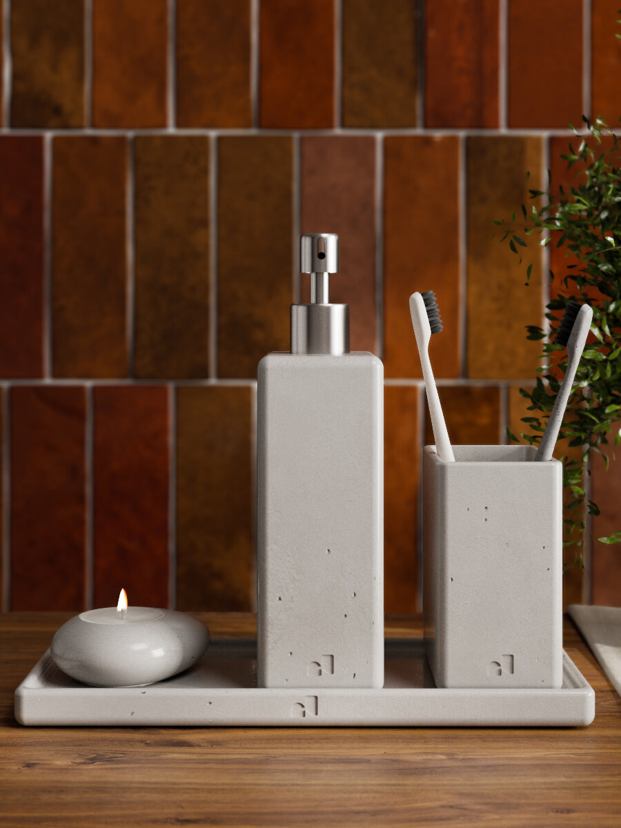Набор аксессуаров для ванной комнаты "Oxford", серый глянцевый: дозатор 250 мл, стакан под зубные щетки/пасту, поднос