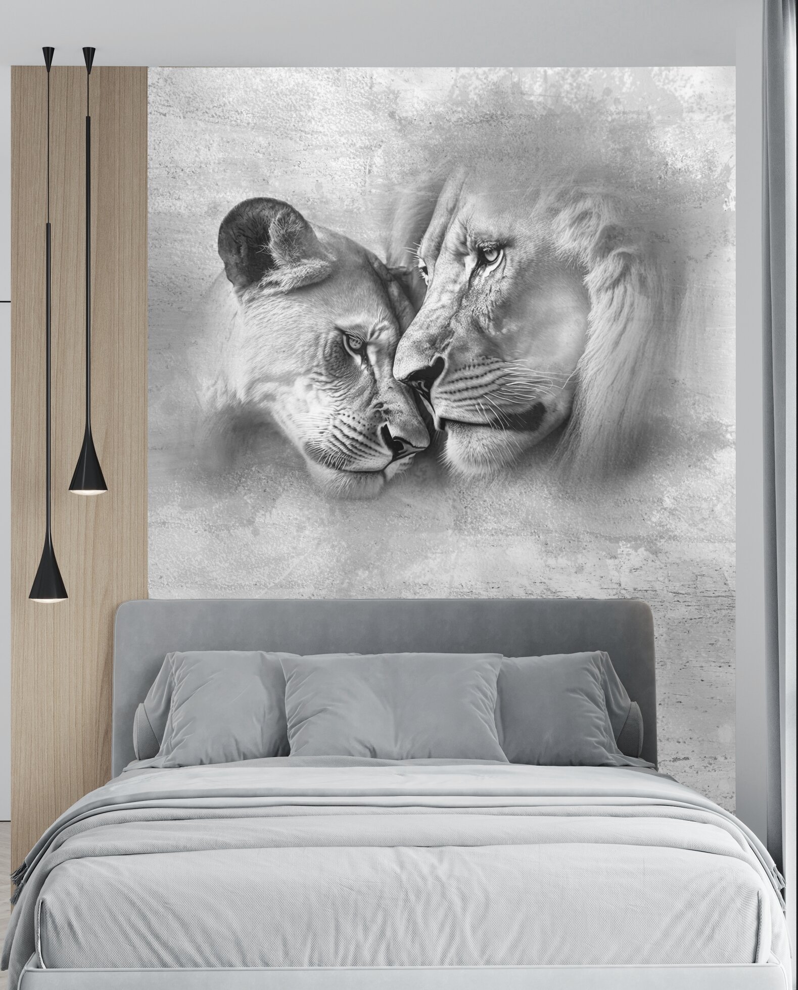 Флизелиновые фотообои "Серые лев и львица в стиле гранж" 200х270 см для спальни, гостиной, в коридор в стиле лофт