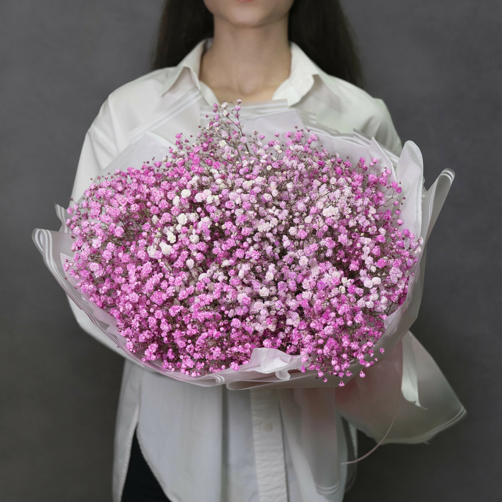 Букет живых цветов, розовые гипсофилы 11 шт. , "Облачное сияние" в упаковке, флау стор