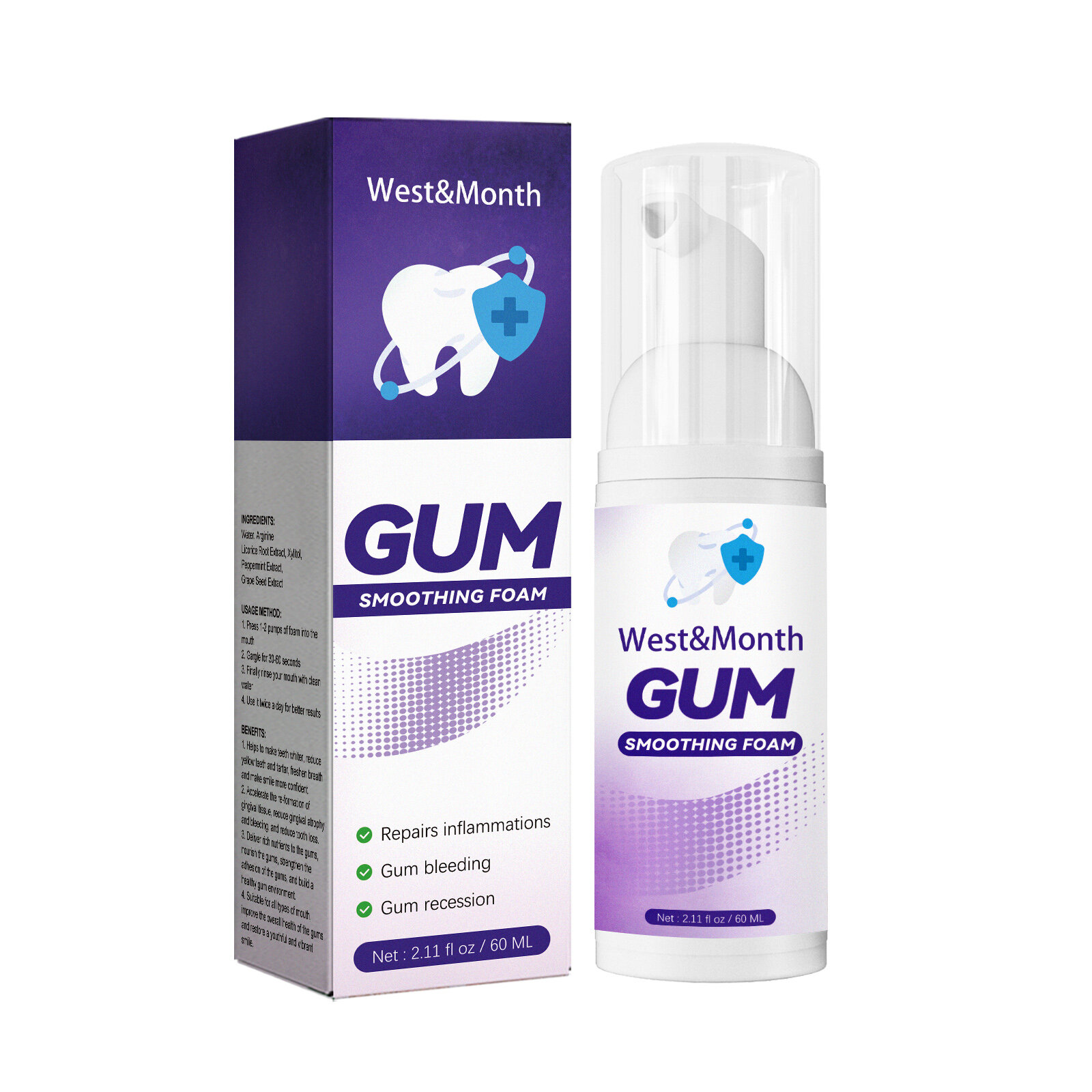 West & Month Gum Care Foaming Mousse 60ml, ингредиенты: вода, аргинин, экстракт корня солодки, ксилит, экстракт мяты, экстракт семян винограда, размер упаковки: 13.3*3.8*3.8cm, вес упаковки: 94g, количество: 1 мousse