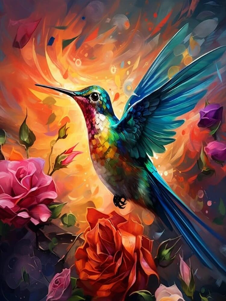 Алмазная картина "Цветок колибри" алмазная огранка 40х50 см,40x50cm, белый