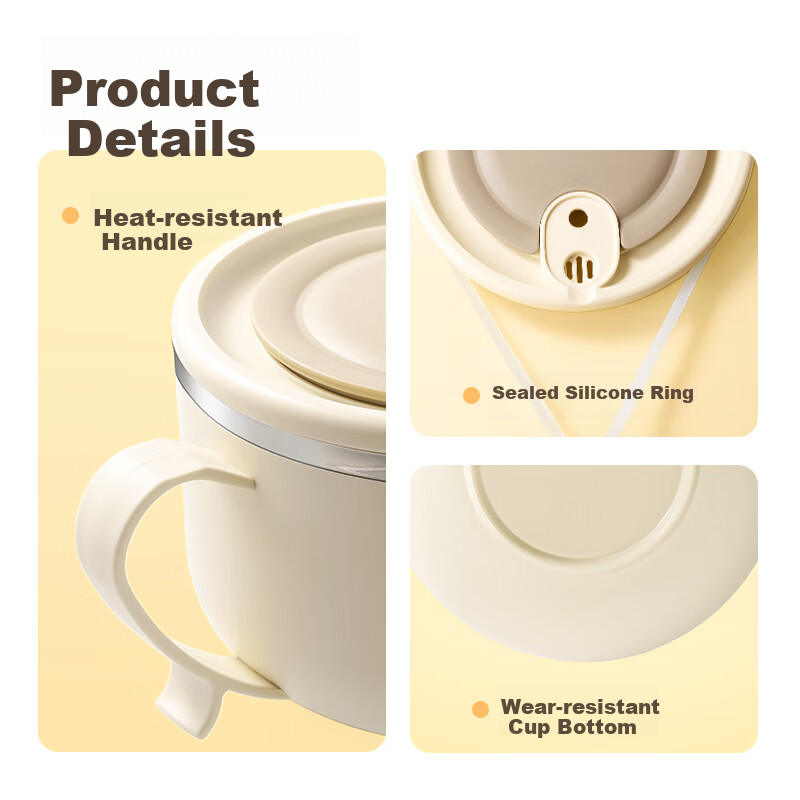 Deli Stainless Steel Noodle Bowl with Lid Lunch Box Student Rice Bowl Office Worker Instant Noodle Draining Bowl Three-layer Heat-resistant Large Capacity 1200ml White Color with Utensils